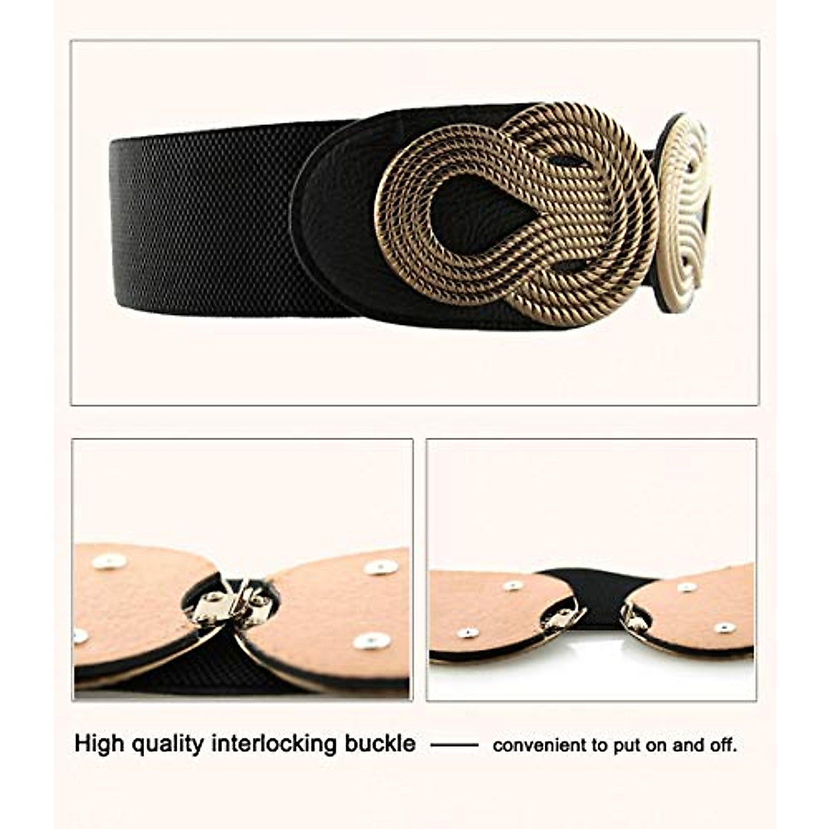 VOCHIC 2pcs Vintage Metal Interlock Buckle Wide Elastic Waist Belt Womens Basic Stretchy Cinch,Black+brown,Small(25.39"- 39.37")