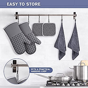 IXO 6Pcs Oven Mitts and Pot Holders, Oven Glove Heat Resistant 500℉ with Kitchen Towels Kitchen Mitts and Pot Holder Soft Cotton Lining and Non-Slip Silicone Surface for Baking, Cooking, BBQ(Grey)