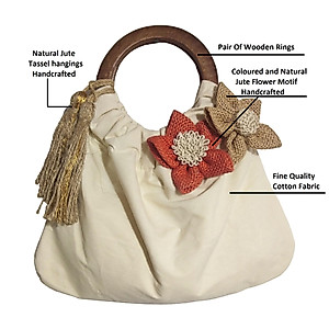 athizay top handle handbags Handcrafted Bow Jute Flower wooden handles potli bags for women artisan hand carry bags (Off white, Orange, Brown)