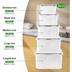 6 PCS Large Fruit Containers for Fridge - Leakproof Food Storage Containers with Removable Colander - Dishwasher & Microwave Safe Produce Containers Keep Fruits, Vegetables, Berry, Meat Fresh longer