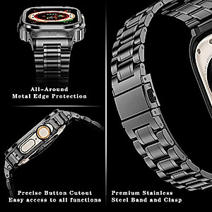 MioHHR Stainless Steel Watch Band with Case Compatible with Apple Watch Ultra 2 1(49mm),Rugged Strap with Metal Protective Bumper Cover for iWatch Band Men(Black)