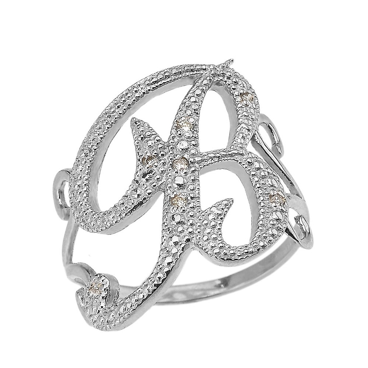 Initial Rings 10k White Gold Modern Cursive B Diamond (Size 8.25)