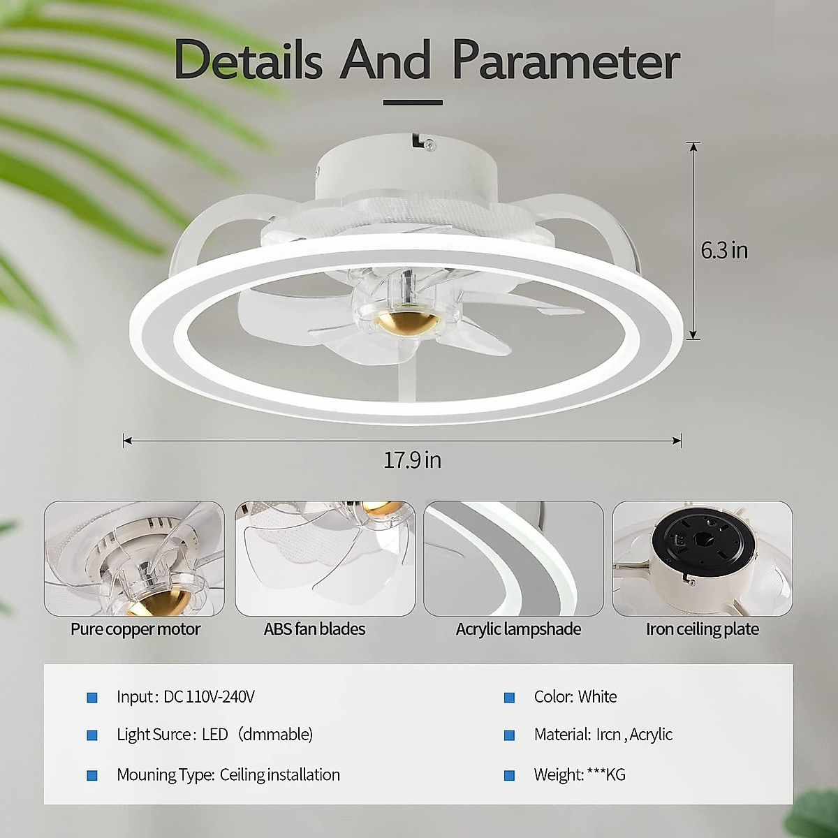 7000FAN Flush Mount Ceiling Fans with Lights Remote Control, Dimmable LED Light 6 Speed Enclosed Ceiling Fan, Low Profile Bladeless Ceiling Fan for Bedroom/Living Room/Small Space, White