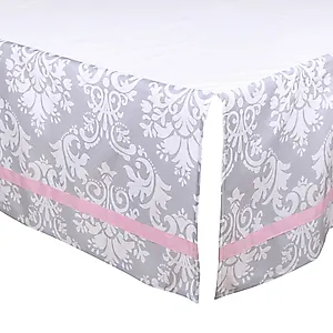 Grey Damask Tailored Crib Dust Ruffle with Pink Accents by The Peanut Shell