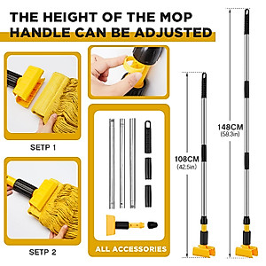 Thyle 6 Pack Stainless Steel Commercial Mop Handle for Floor Cleaning, 3 Section Replaceable Mop Stick Replacement with Jaw Clamp, Heavy Duty Mop Head Replacement Pole for Home Garage Office, 60 Inch