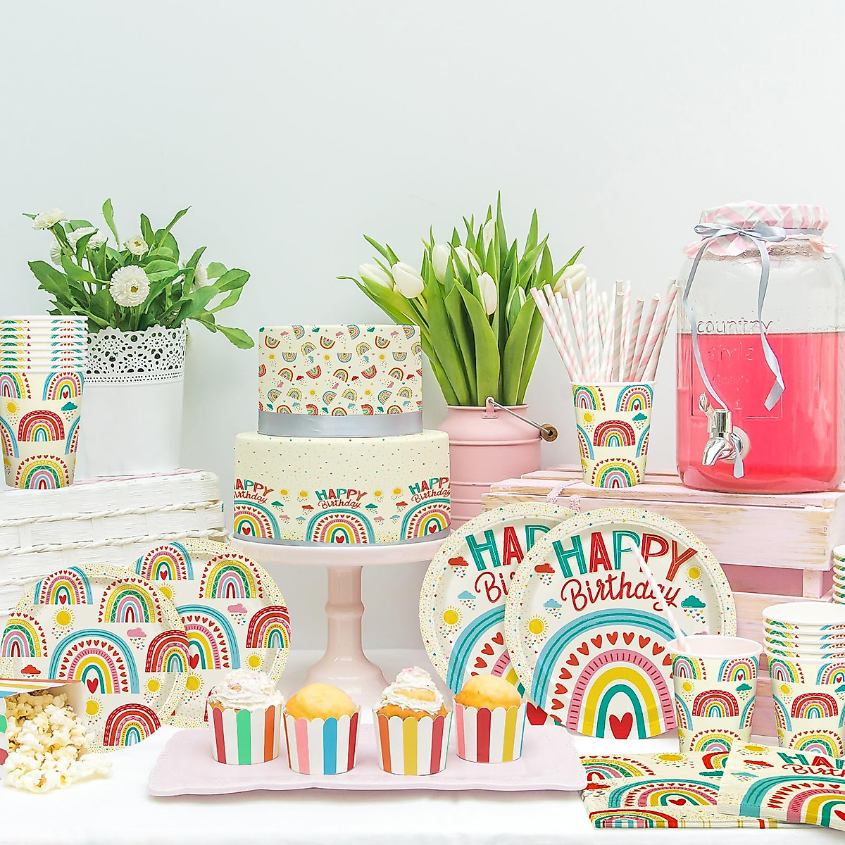 Retro Rainbow Themed Happy Birthday Party Supplies Set - Vibrant Disposable Paper Plates, Cups, Napkins, Tablecloth & Birthday Banner - Fun & Colorful Design for Boys/Girls - For 25 Guests
