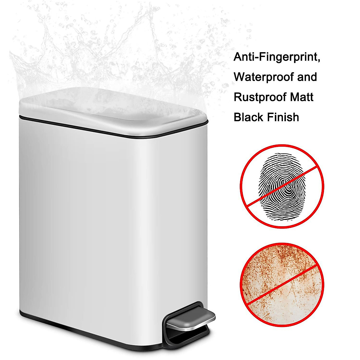 H+LUX Small Garbage Can with Soft Close Lid,Slim Trash Can for Bathroom,Office,Bedroom,5L/1.3Gal,White
