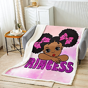 Black Girl Princess Sherpa Blanket Kids Cute Blanket for Girls Bedroom Decor, Psychedelic Stars Throw Blanket for Chair Pink Purple Ombre Fleece Blanket Throw Size, Sequins Glitter Plush Blanket