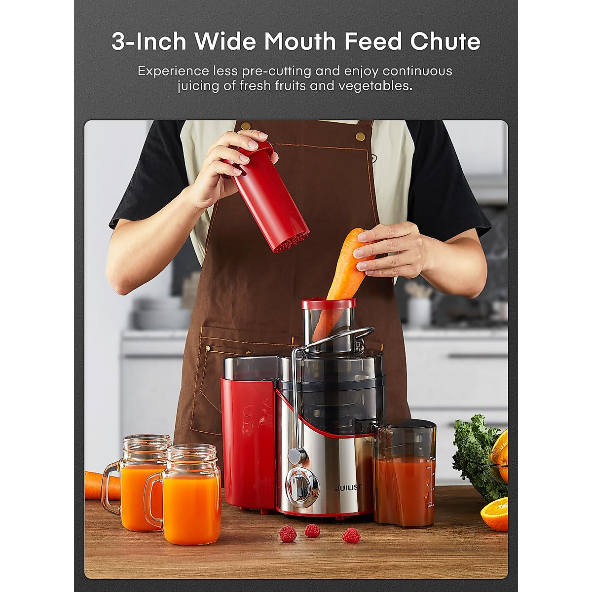 Juicer Machines, Juilist 3" Wide Mouth Juicer Extractor Max Power 800W, for Vegetable and Fruit with 3-Speed Setting, 400W Motor, Easy to Clean, Red