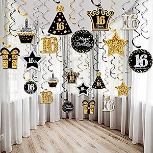30 Pieces 16th Birthday Party Decorations, 16th Birthday Party Decorative Cards and Hanging Swirls Ceiling Decorations Shiny Celebration Hanging Swirls Decorations for 16th Birthday Party Supplies