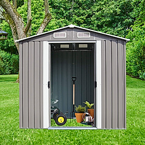 Kinsutie 6' x 4' Outdoor Steel Garden Storage Shed Utility Tool Backyard Lawn Grey with White w/Lockable Doors