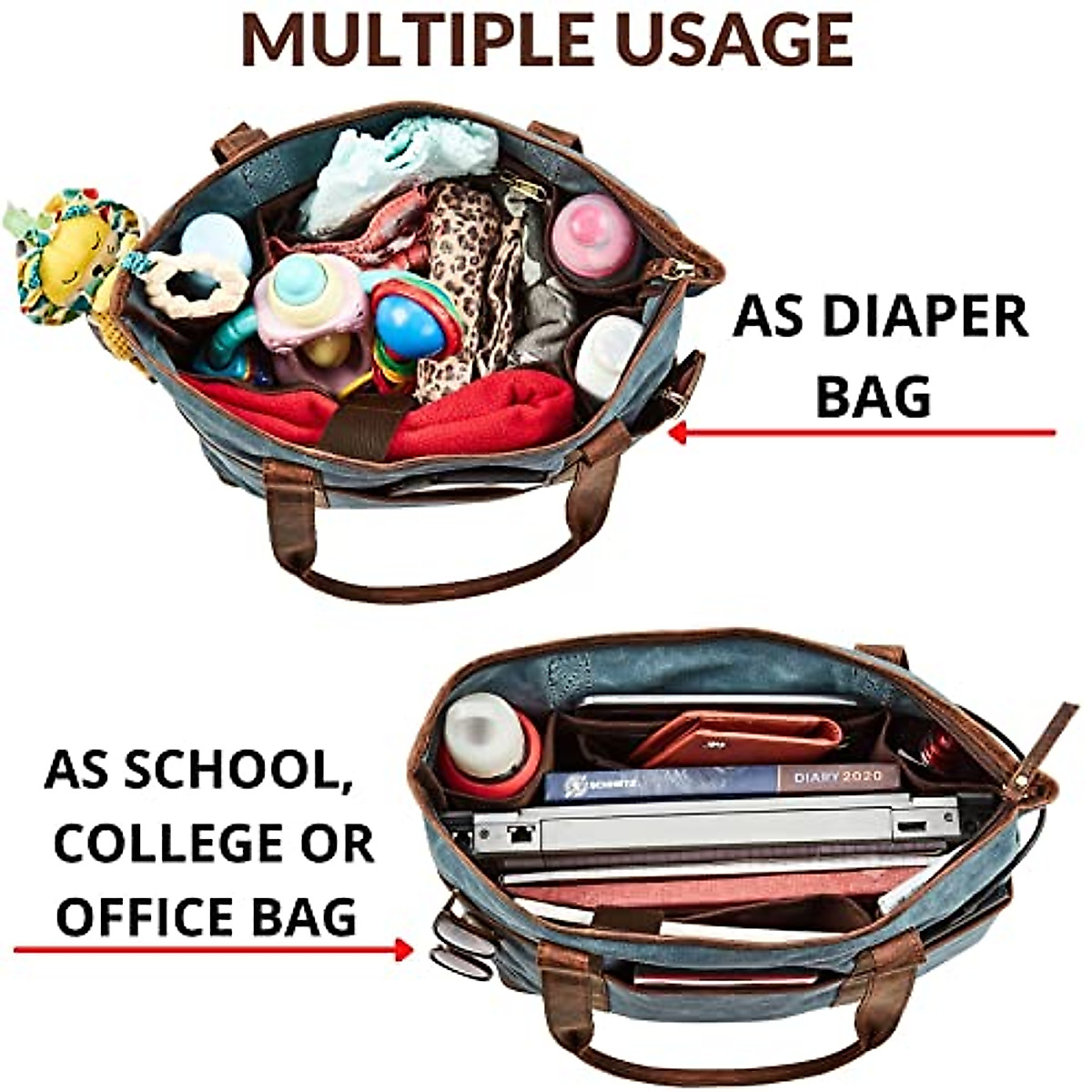 Shoulder Tote Handbag for Women 16 oz Water Repellent Waxed Canvas Real Leather Trim Handmade Purse Zippered Shopper Bag with Pockets (Ocean Blue)