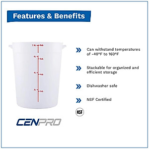 CenPro 29A-053 Round Food Storage Container - 8 Qt. Capacity - White - NSF