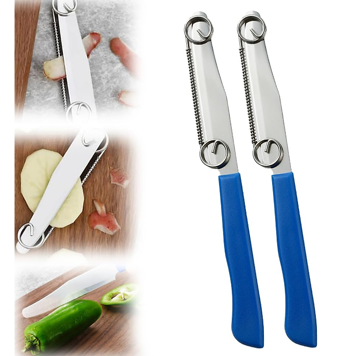 BRIFEEL Quick Slicing Knife, 2024 New 3 in 1 Multifunctional Fruit Peeling Knife with Removable Spring, Kitchen Household Sharp Stainless Steel Fruit and Vegetable Fruit Slicing Knife (Blue 2pcs)