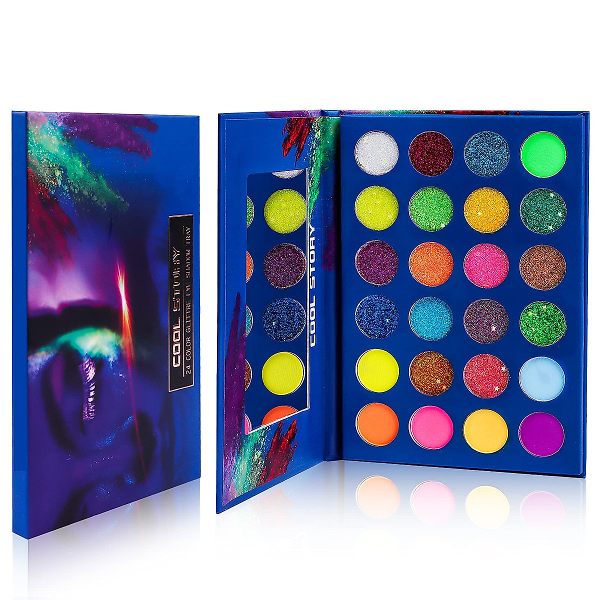 Kalolary 24 Colors Glow in the Dark Makeup Eyeshadow Face Paint Palette, Highly Pigmented Neon Eyeshadow Palette Matte and Glitter UV Glow Blacklight Party Make up