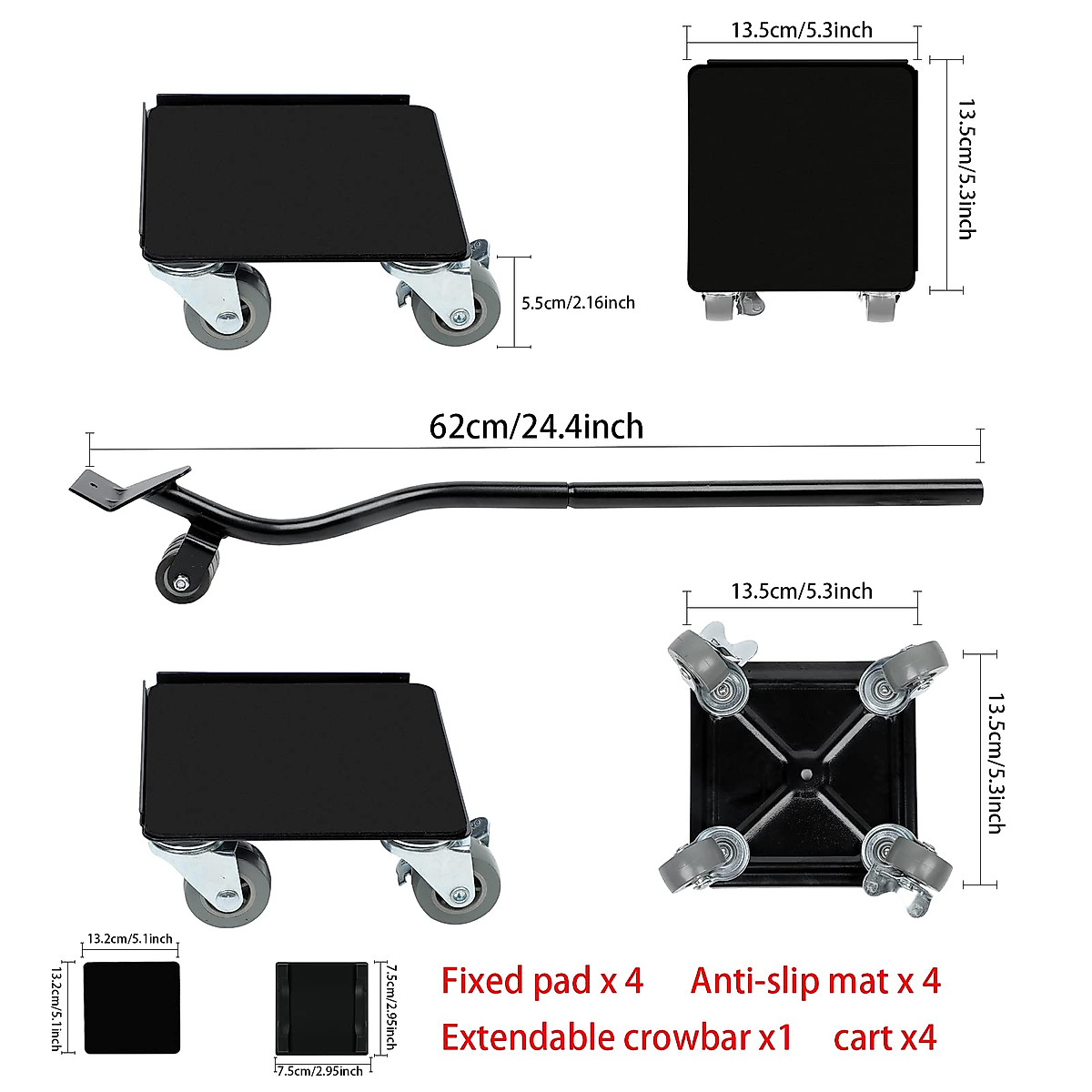 Heavy Duty Furniture Expandable Lifter with 4 Mover Dolly for Easy and Safe Moving Kit, Rubber Wheels 2 Brake 360° Rotatable Appliance Mover Dolly, Max Up for 1320LBS/600KG (Black)