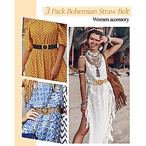 Hercicy 3 Pcs Rattan Straw Woven Belt Bohemian Waist Rope Braid Belts for Women, Trendy Boho Ladies Skinny Dress Belt Multicolor