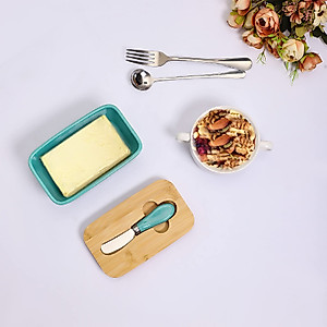YCOCO Large Butter Dish with Lid,Ceramic Butter Container With Airtight Cover,Butter Keeper Double Silicone Seals with Knife for kitchen,Holds 2 Standard Stick,Green