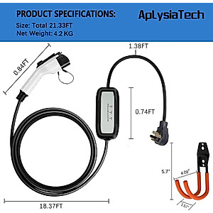 AplysiaTech Level 2 EV Charger,Max 48 Amp and 11.52KW Portable EVSE SAE J1772, NEMA14-50P and 6-50P to 14-50R Adapter,21 ft Charging Cable with Heavy Duty Cable