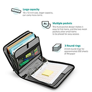 3-Inch Zipper Binder, 3 Round Rings Binder with Expanding File and Shoulder Strap, Black