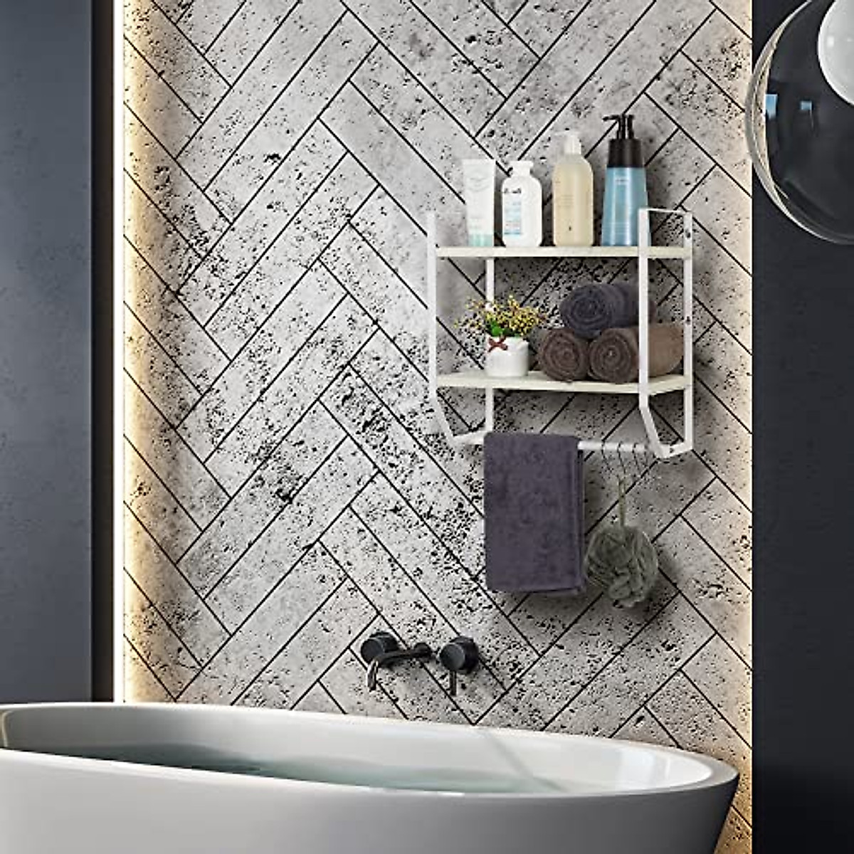 Bathroom Shelf with Towel Bar 2 Tier Wall Mounted Industrial Towel Rack with Shelf 5 Hooks for Bathroom Kitchen Living Room (White)