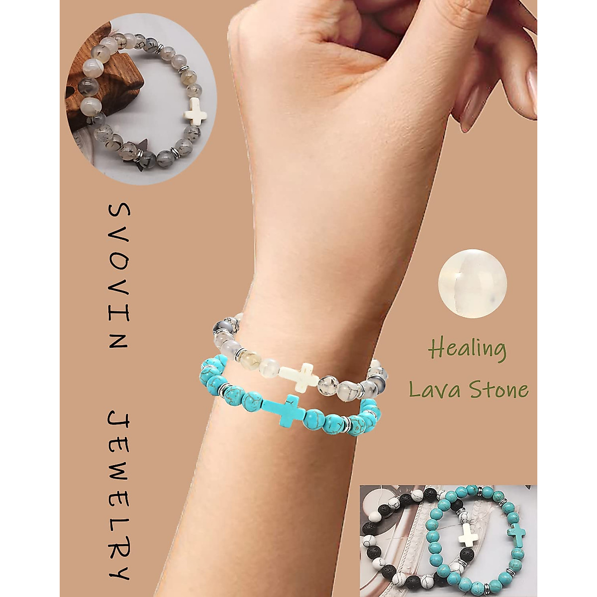 Svovin 12Pcs Fashion Religion Cross Men Women 8mm Natural Stone Lava Tiger Eye Stretch Anxiety Bracelets Unisex 7.5"