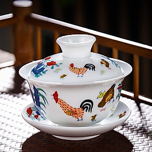 Bicuzat Funny Chicken Rooster Pattern Gaiwan Tea Cup, Kung Fu Teacups, 5 oz Cup and Saucer Set with Lid