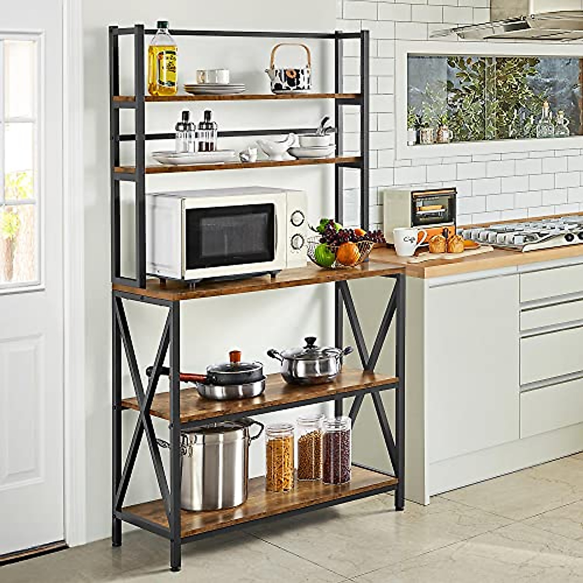 Yaheetech Kitchen Bakers Rack with Storage, 5-Tier Microwave Oven Stand Shelf Coffee Bar, Freestanding Utility Kitchen Storage Rack with X Designed Metal Support, 35.5 x 16 x 65 inches, Rustic Brown