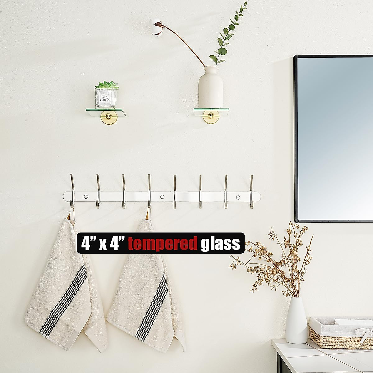 JQK Small Floating Glass Shelves Gold, 4 Inch Display Ledges for Wall, Mini Decor, Living Room Bedroom Bathroom, Tempered Glass Shower Storage, 2 Pack, TGS101L4-BG-P2