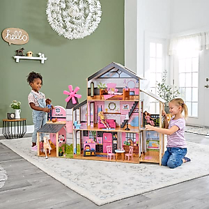 KidKraft Windmill Elevator 2-in-1 Wooden Barn & Dollhouse with Horse and Lights & Sounds, Over 3 Feet Tall, Pink