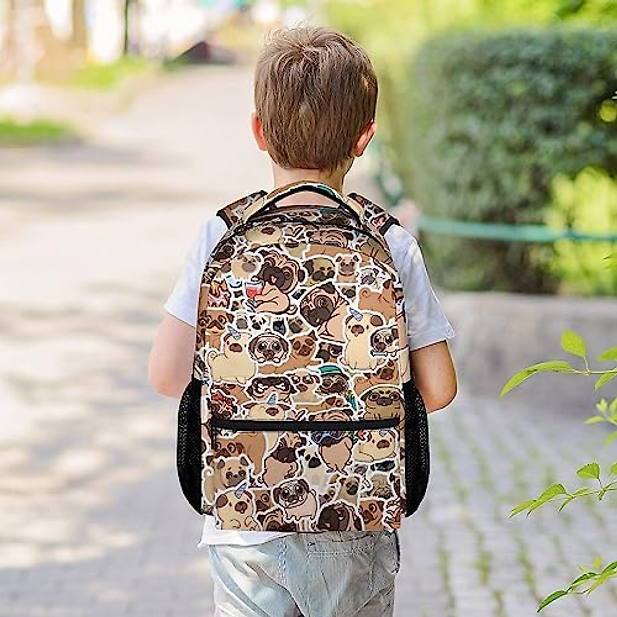 NICEFORNICE Pug Dog Backpacks Kids, 16 Inch Cute Backpack for School, Brown Lightweight Bookbag for Boys