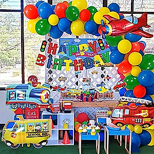 BIRLON Construction Birthday Party Supply, Transport Vehicle Theme Decoration for Boy Baby Shower, Red Green Yellow Blue Balloon Garland Arch Kit Car Reusable Truck Plane Train Police School Bus Foil