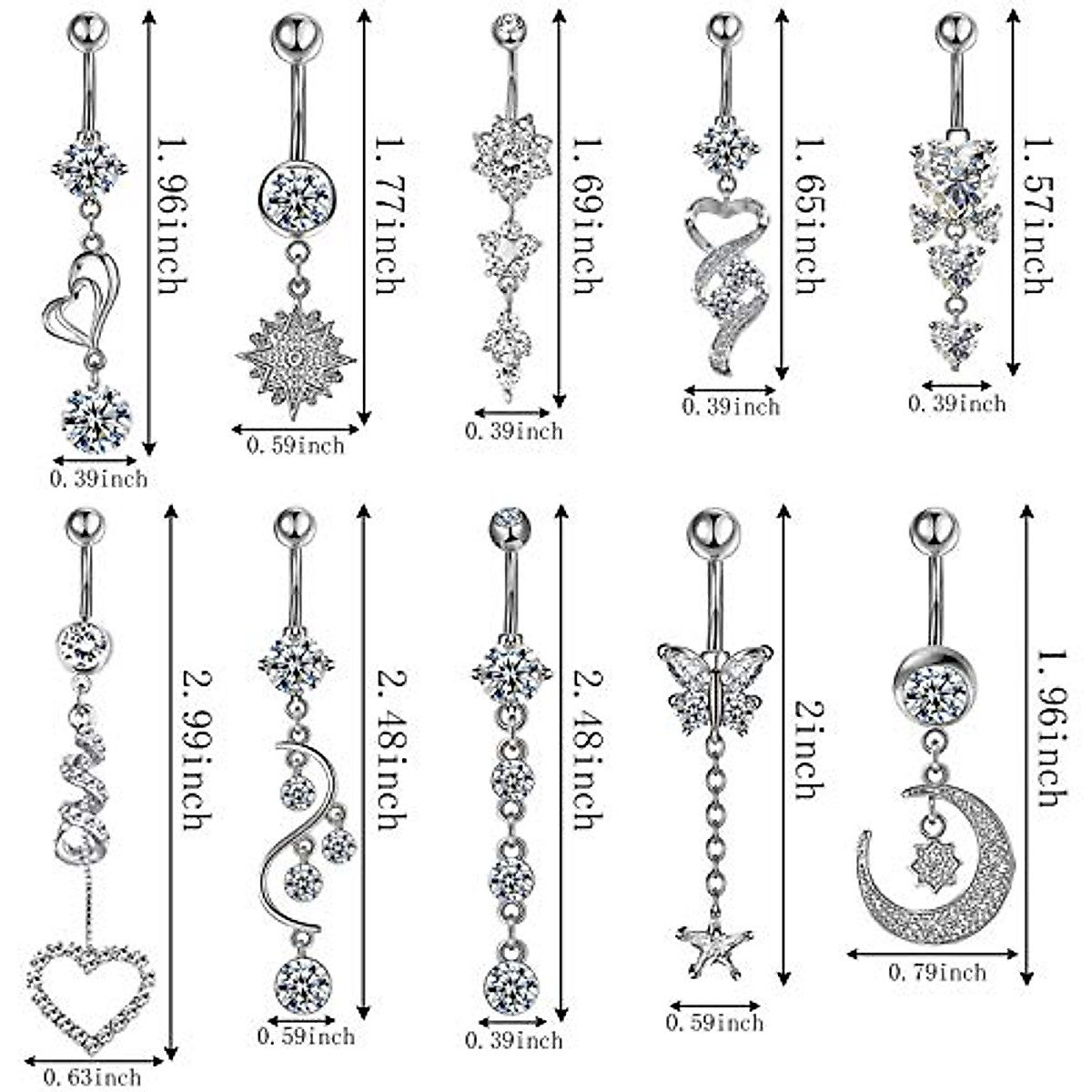 NEWITIN 10 Pieces 14G Belly Button Rings Dangle 316L Surgical Steel Navel Rings Cubic Zirconia Belly Piercing Jewelry Belly Dangle Rings for Women