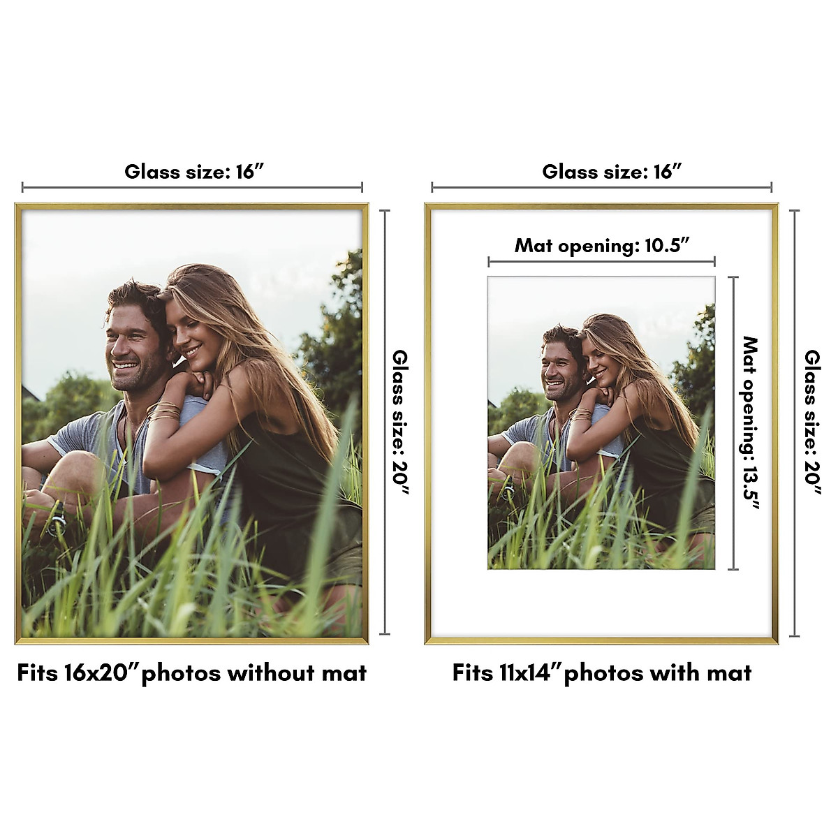 Americanflat Aluminum 16x20 Picture Frame with Shatter-Resistant Glass - Use as 11x14 Frame with Mat or 16x20 Frame Without Mat - Brooklyn Collection - Photo Frame for Wall Display - Gold