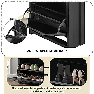HESIEU Functional Wooden Shoe Cabinet with 2 flip-top Drawers, Wood Grain Pattern top Shoe Cabinet with Drawers Freestanding Shoe Rack with Adjustable Panel for Hallway Entrance Foyer (Black)