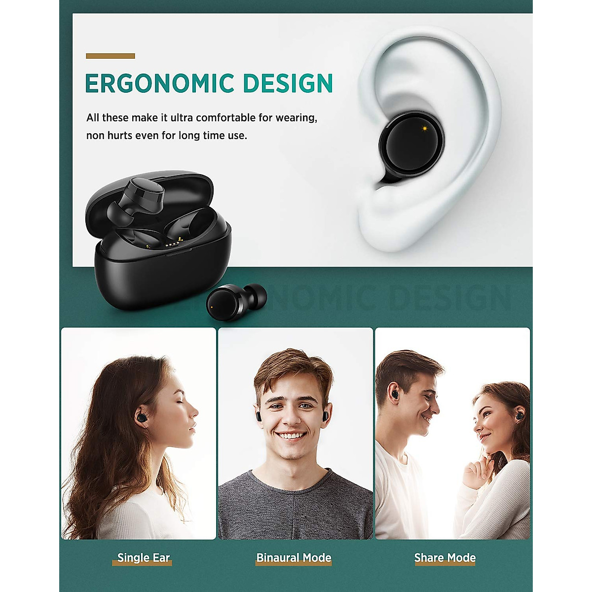 LASUNEY Bluetooth 5.0 True Wireless Earbuds with Charging Case, 60H Cyclic Playtime Waterproof Stereo Headphones with mic, in-Ear Earphones Headset for Sport