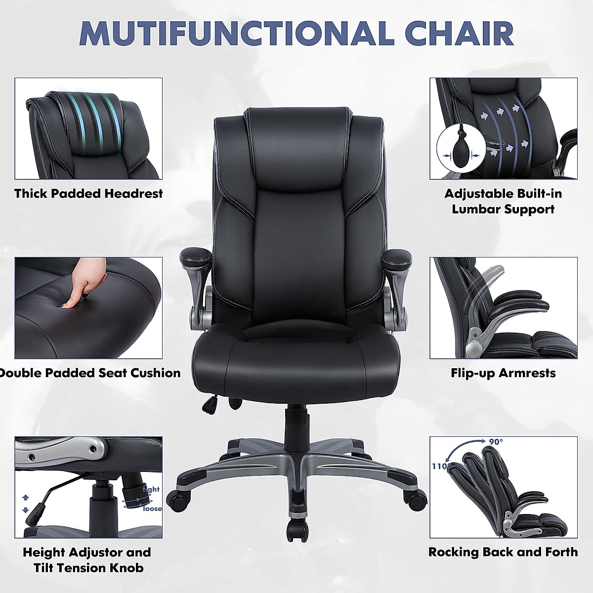 High Back Executive Office Chair- Ergonomic Home Computer Desk Leather Chair with Padded Flip-up Arms, Adjustable Tilt Lock, Swivel Rolling Chair for Adult Working Study-Black