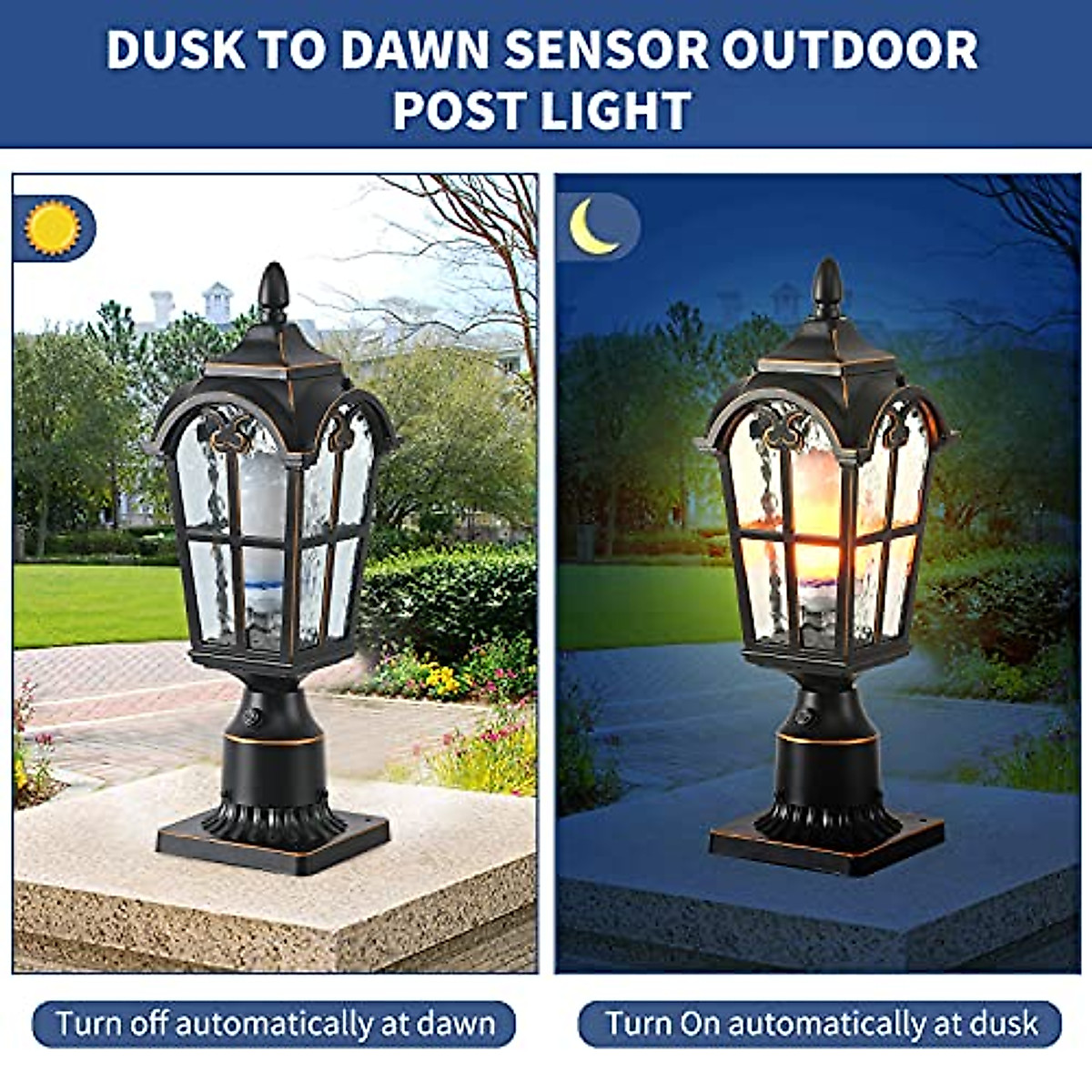 LONEDRUID Dusk to Dawn Outdoor Lamp Post Lights Waterproof Exterior Pole Lantern Lighting Fixtures with 3-Inch Pier Mount Base for Garden Patio Yard Pathway Driveway