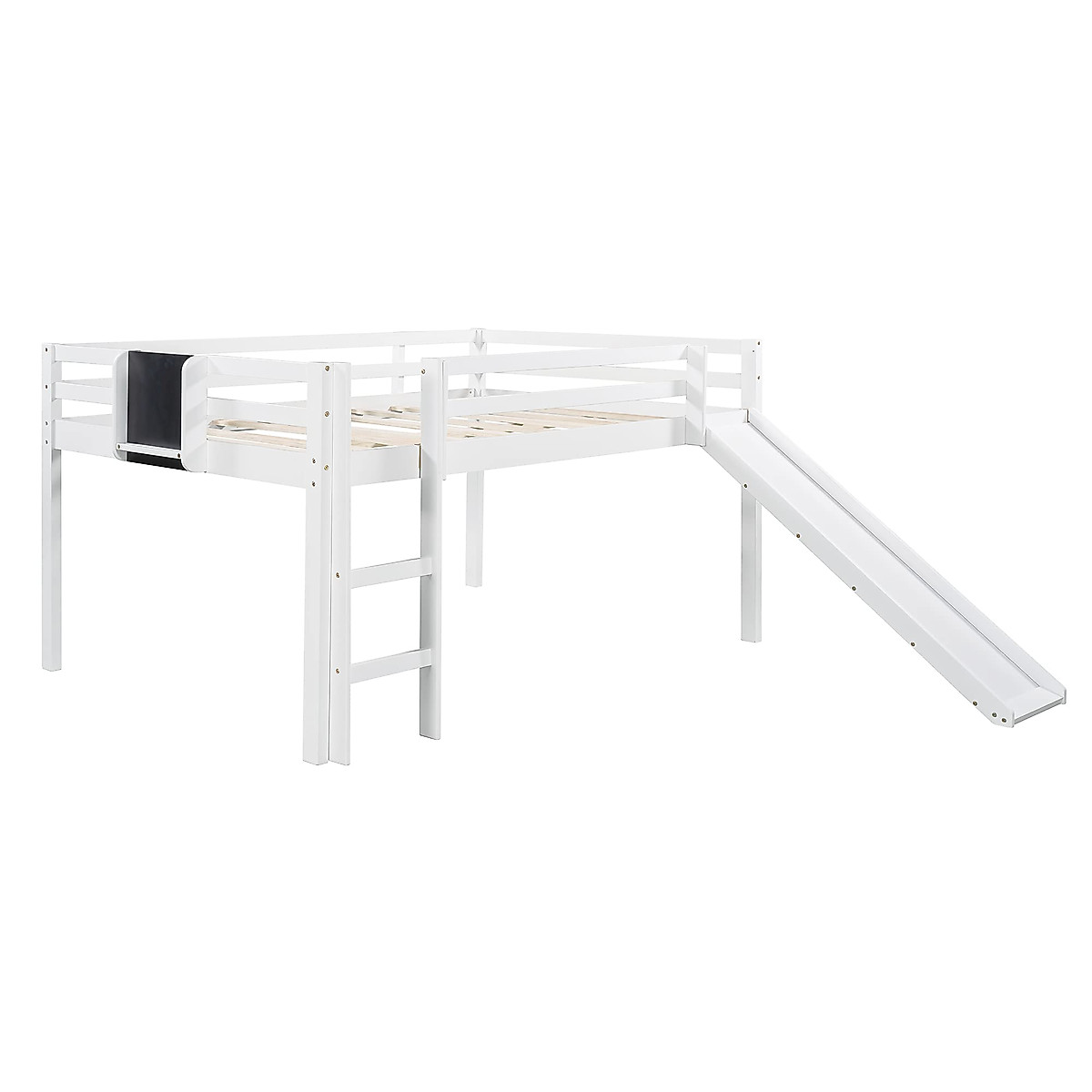 Full Size Loft Bed Wood Bed with Slide, Ladder, and Chalkboard, Loft Bed for Family, Kids, Teens, No Box Spring Needed