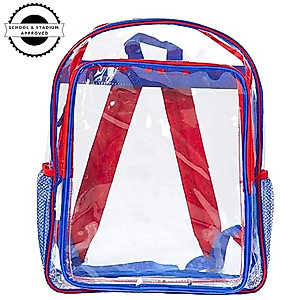 Red and Blue Clear Backpack for School, 16 inch Stadium Approved Transparent Bag