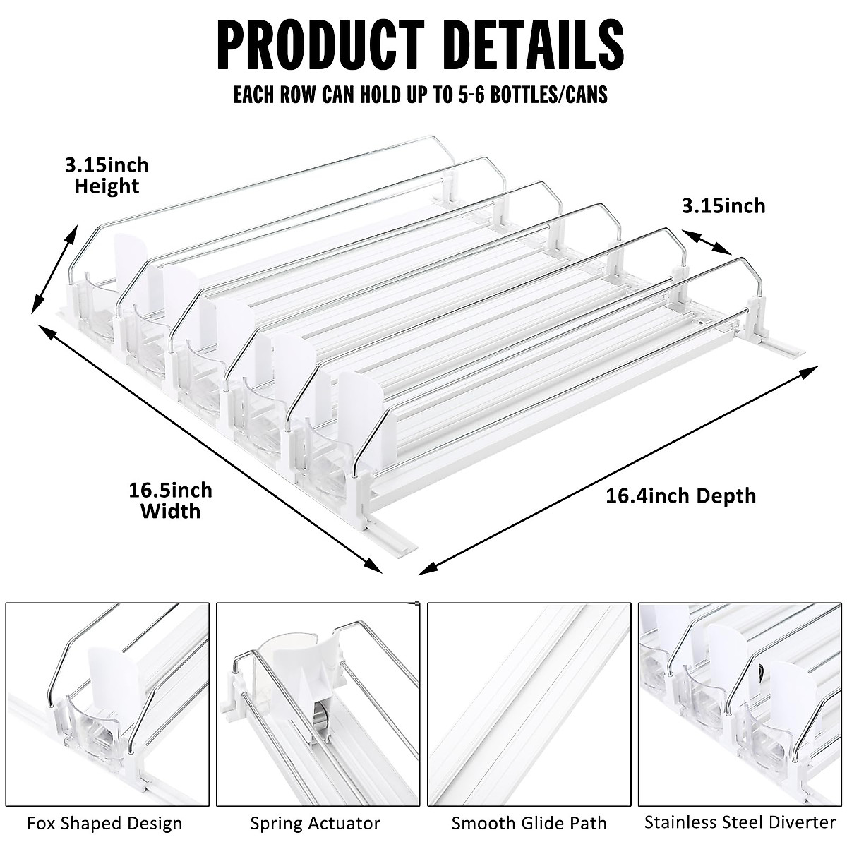 ONCHSH Drink Organizer for Fridge,Soda Can Drink Organizer for Refrigerator,Beer Pop Can Water Bottle Storage for Pantry,Width Adjustable Beverage Pusher Glide (White, 16.4"D - 5 Rows)