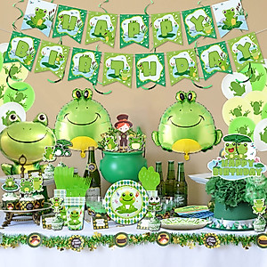 Frog birthday Party Decoration, Frog Party Supplies Tableware Includes Paper Plates, Balloons and HAPPY BIRTHDAY Banner for Green Frog Camping Baby Shower Kids Birthday Dinnerware Party, Serves 20
