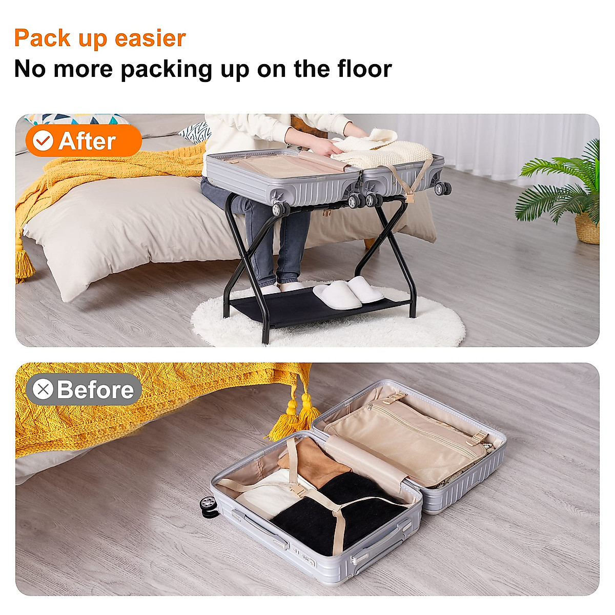 Heybly Luggage Rack,Pack of 2,Steel Folding Suitcase Stand with Storage Shelf for Bedroom, Hotel, Foldable Steel Frame, Guest Room Bedroom Hotel, 26.2" L x 14.4" W x 20.5" H, Black,HLR004B2