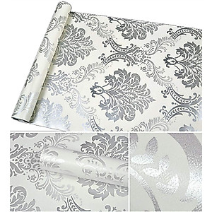 Amao Grey Damask Peel and Stick Wallpaper Self Adhesive Vinyl Shelf Liner for Cabinets Sheves Livingroom Wall Decal 17.7inch by 79inch