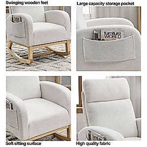 KIVENJAJA Rocking Chair Nursery, Modern Teddy Velvet Upholstered Nursing Glider Rocker Armchair, Comfy Accent Arm Chair with Side Pockets & High Pillowback for Living Room Baby Room, White