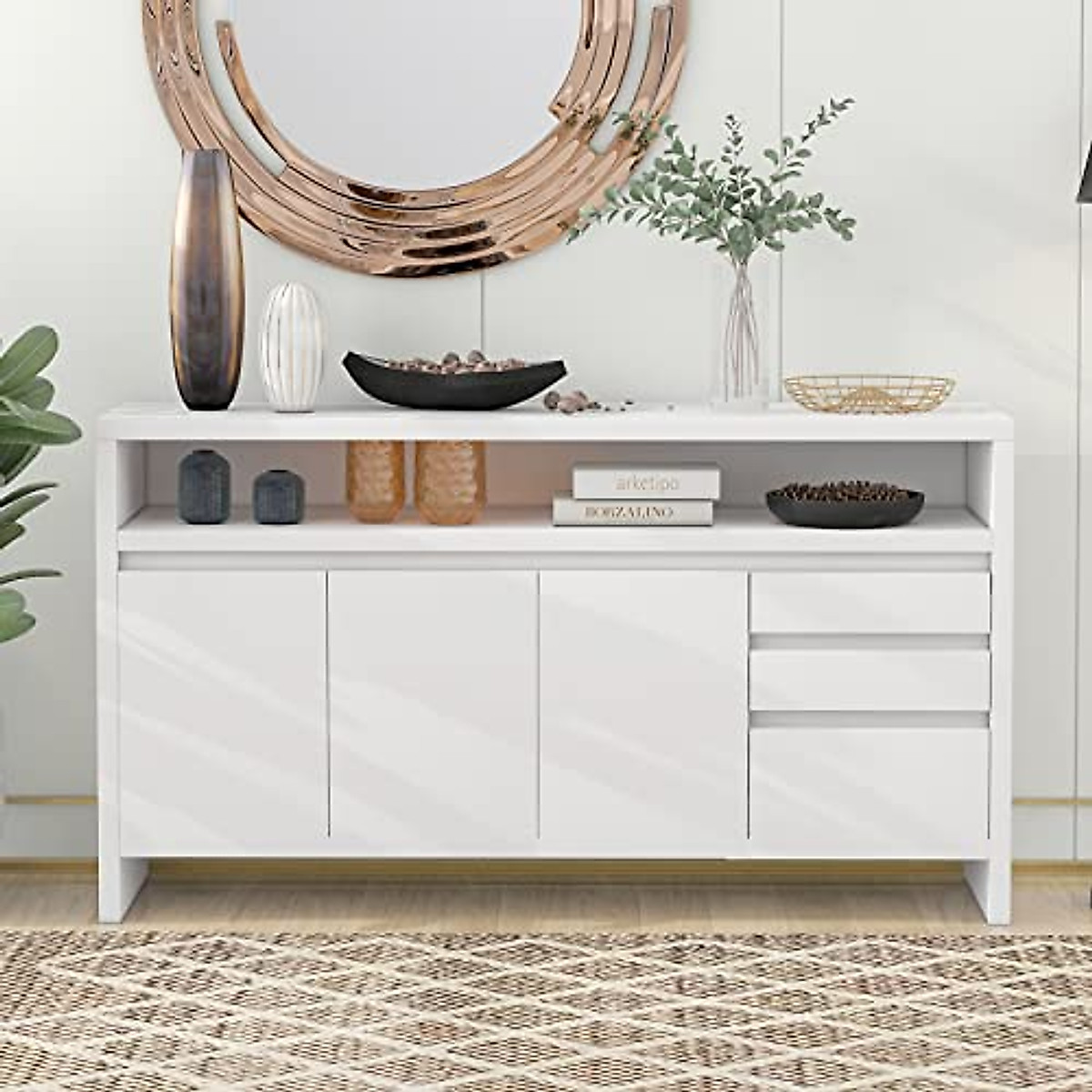 Modern Sideboard Buffet Server Storage Cabinet, Cupboard Console Table with Double-Storey Tabletop Wood Buffet Cabinet with Two Cabinets and Three Drawers for Living Room Kitchen Dining Room, White