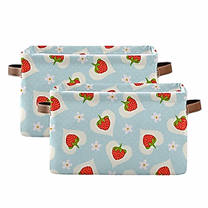 xigua Strawberry Pattern Storage Bins Foldable Fabric Storage Basket with Leather Handles for Organizing Closet, Shelves, Nursery Toy, Laundry Room (1 Pcs, 14.2" x 10.2" x 8.3")