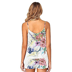 Unicorn White Horse with Red Flowers Green Leaves 2 PCs Women's Pajamas Set, Camisole Satin Silk Lingerie Sleepwear, Sleeveless Print Silky Shorts Loungewear Nightwear(XL)