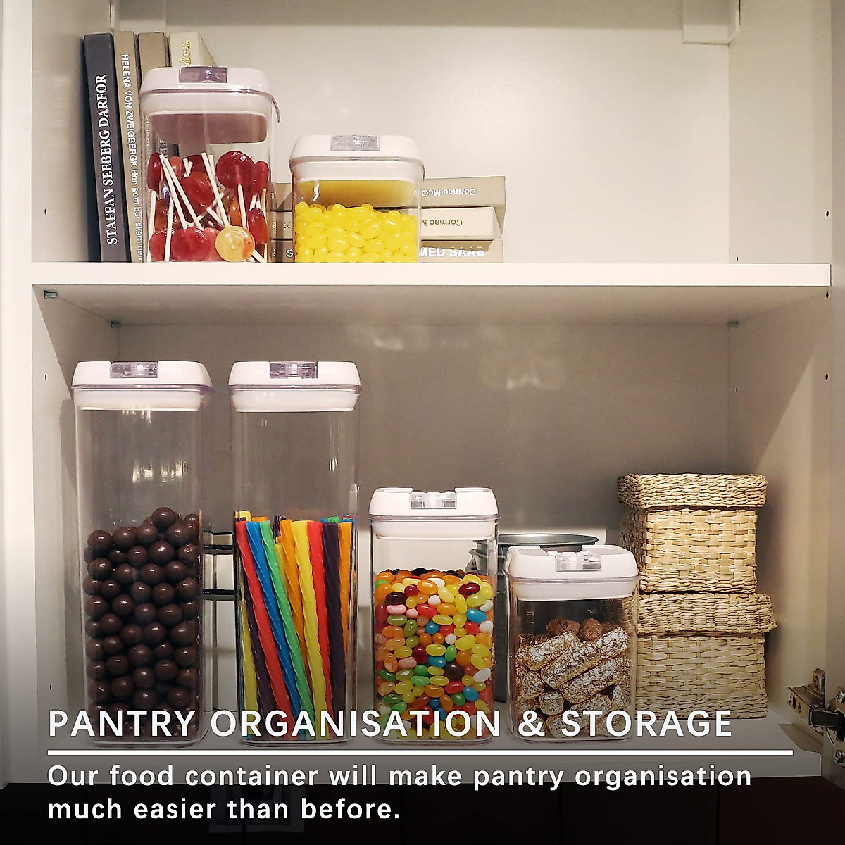 NUMYTON Pasta Containers for Pantry - 6Pcs - Pantry Organization and Storage - Airtight Food Storage Containers for Candy Bars, Chocolate, Twizzler, Toffee Candy, & Cereal