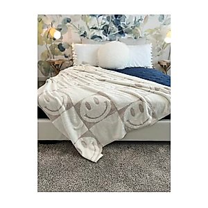 Checkered Blanket, Smiley Face Throw, Soft Cozy Microfiber Plush Blanket, Checkerboard Pattern, Reversible, Stretchy Throw Blanket 51" X 63" (White and Beige)